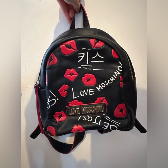 Love Moschino | Bags | Moschino Love Black Backpack With Red Lipstick ...